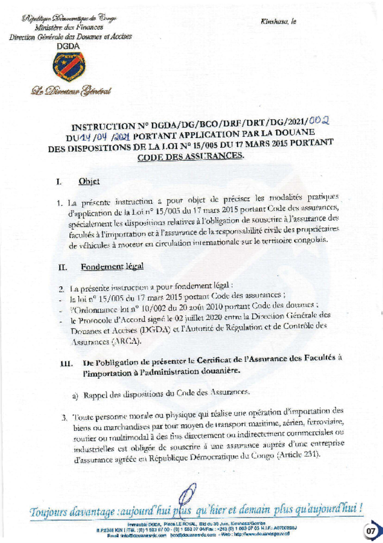 Point DOUANE / ASSURANCE : Instruction de la DGDA portant sur la mise ...