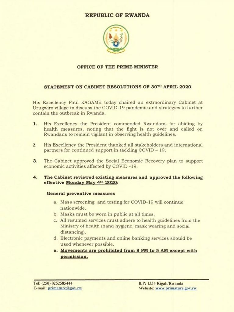 Primature Rwanda - Prolongation des mesures de fermeture de la ...
